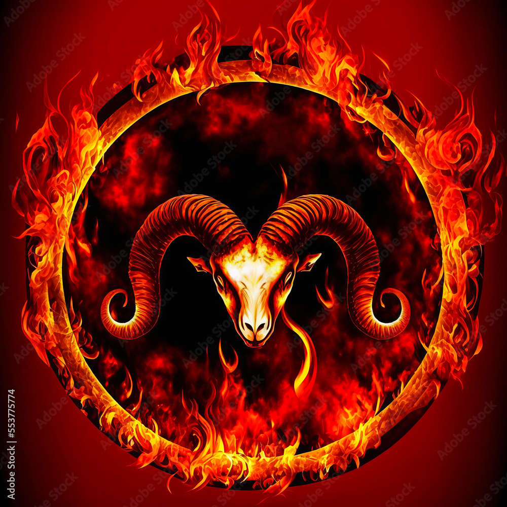 Circle of red flames surrounding the astrology of the aries, combining ...