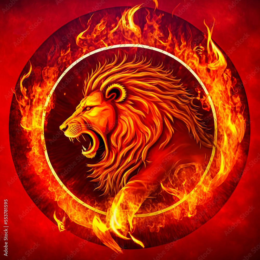 Exciting symbol of the leo within a circle of fire and red colors ...
