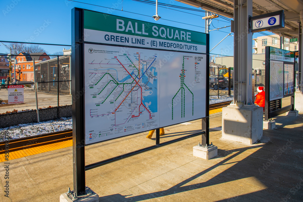 Sign and map of MBTA Green Line Ball Square station in city of Medford ...