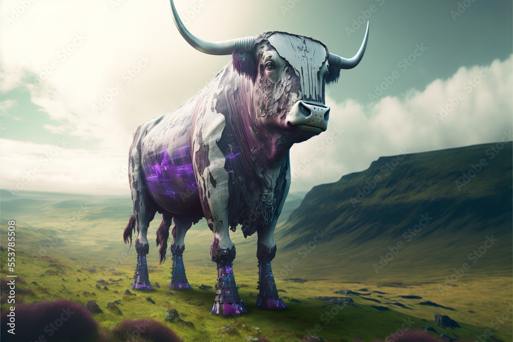 Futuristic cyberpunk robotic cow illustration in Scottish highlands ...