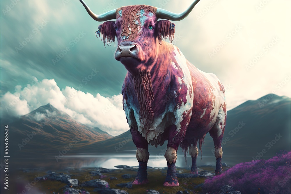 Futuristic cyberpunk cow illustration in Scottish Highlands Stock ...