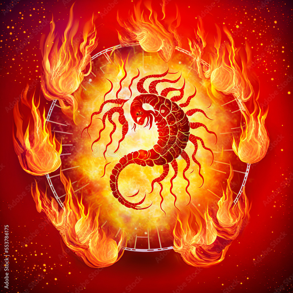Astrological sign of the scorpio in a circle of fire and red flames ...