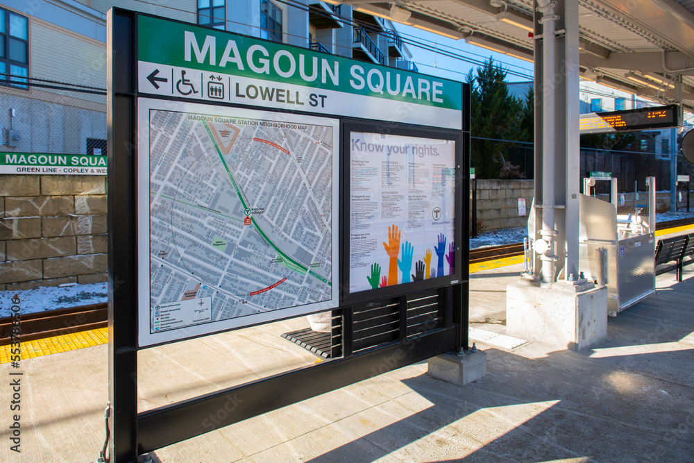 Sign and map of MBTA Green Line Magoun Square station in city of ...