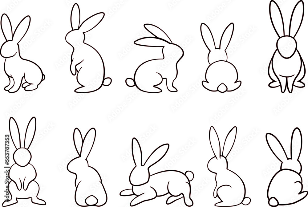 bunny outline PNG set, rabbits in different position collection ...
