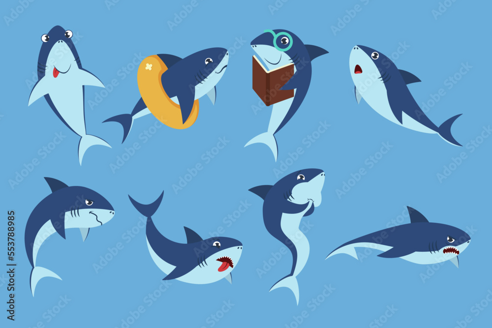 Different emotions of comic shark vector illustrations set. Underwater ...