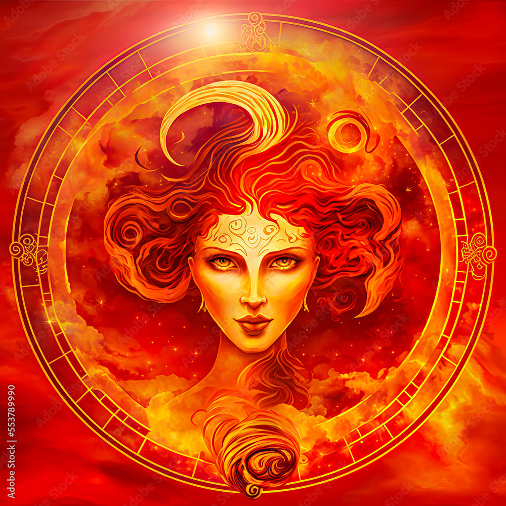 Virgo astrological sign captured in a circle of red flames, evoking the ...