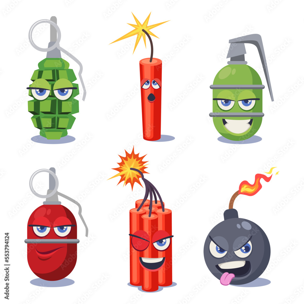 Funny comic dynamite or bombs vector illustrations set. Collection of ...