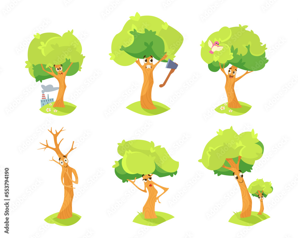 Emotions of funny comic tree in summer vector illustrations set. Cute ...