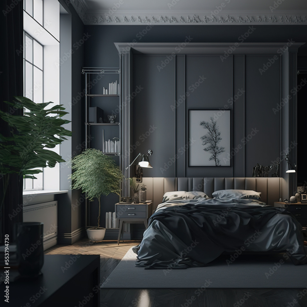 Modern master bedroom, black interior and design, large window, AI ...