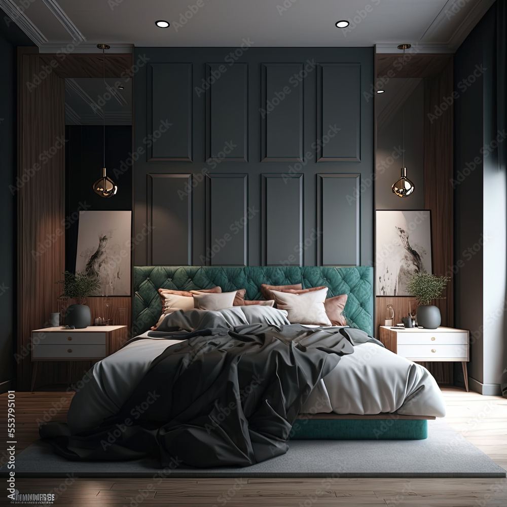 Modern master bedroom, black interior and design, large window, AI ...