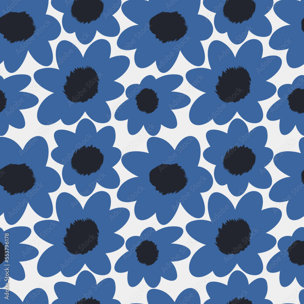 Seamless simple cute pattern of large blue flowers on white background ...