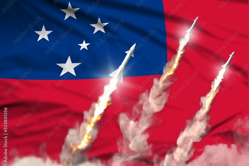 Modern strategic rocket forces concept on flag fabric background, Samoa ...