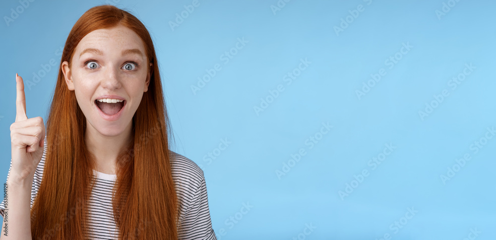 Excited good-looking cheerful ginger girlfriend add idea conversation ...