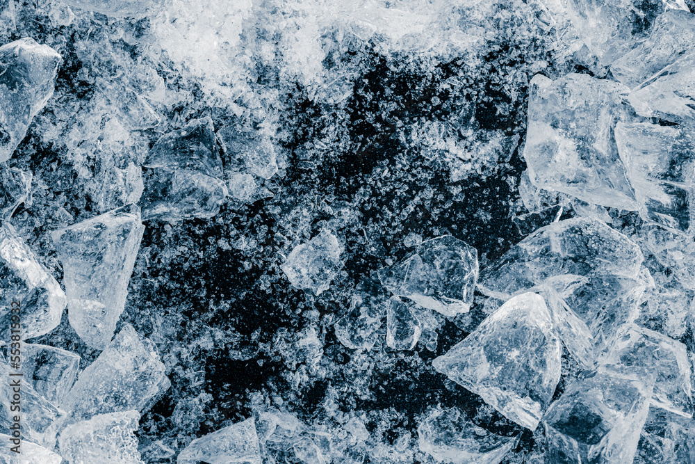 Ice cubes crush on black background. Chill backdrop. Frame border, made ...