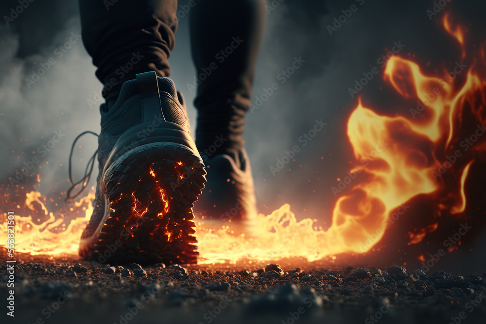 Poster, Foto illustration of fearless feet walking pass the fire flame ...