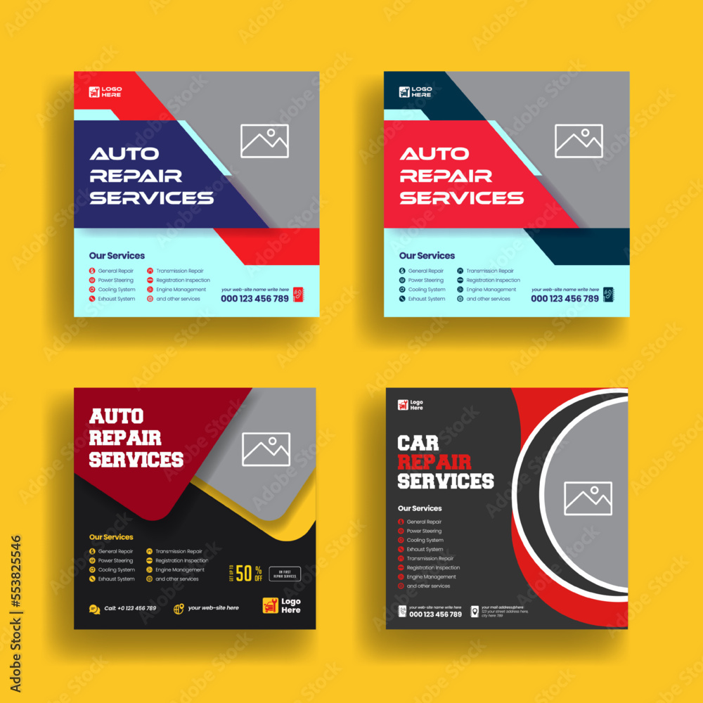 Social media ads for auto repair shop service banner pack template, car ...