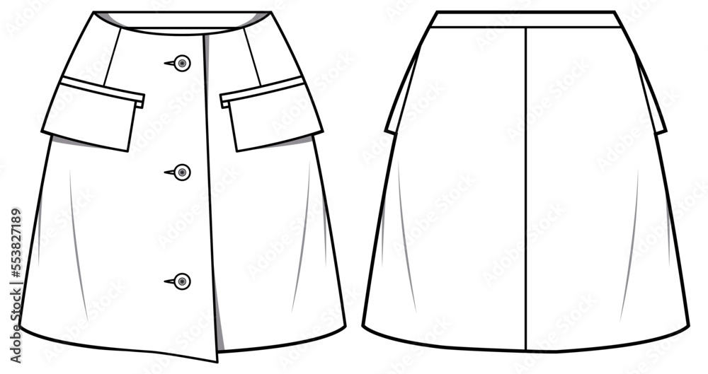 Women's Flap pocket button front mini Skirt flat sketch fashion ...