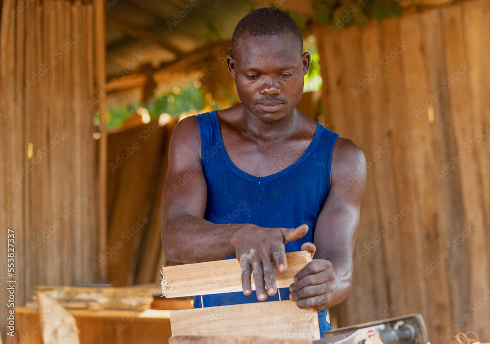 Use of a hammer by a carpenter to make furniture. Assembly of a piece ...