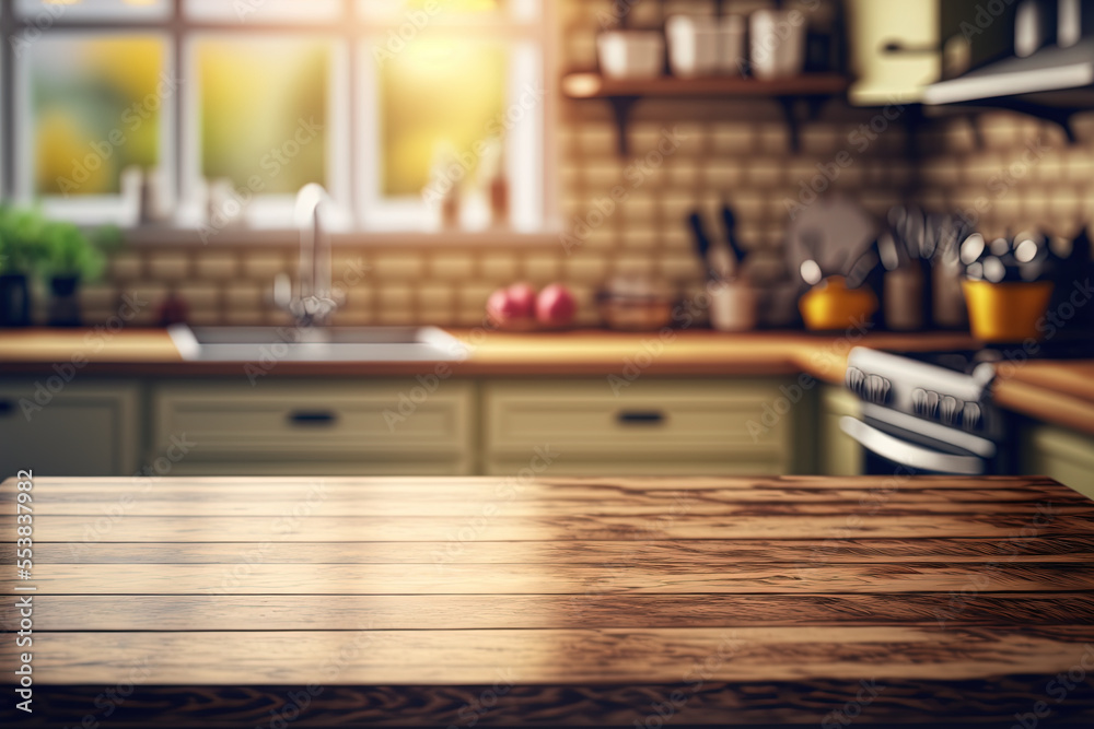 Wood table top on blur kitchen room background. Modern kitchen interior ...