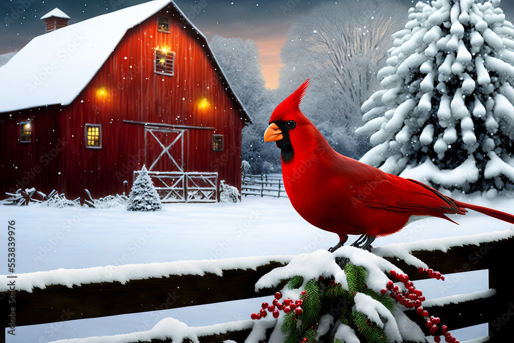 Winter Holiday scene with a red barn in the snow, a Christmas reef, and ...