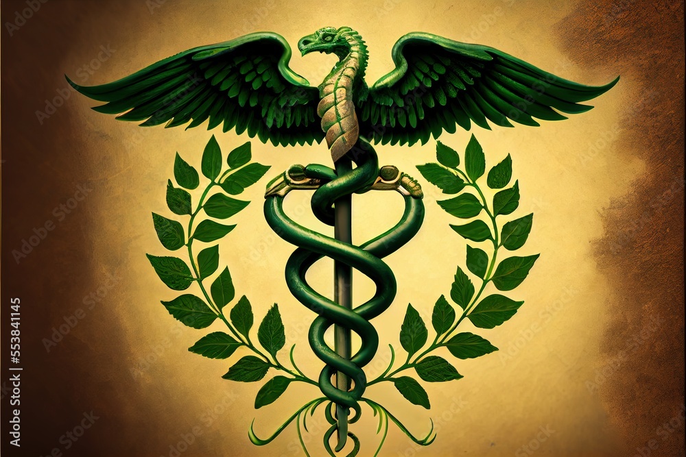 a green cadus symbol with a snake on top of it and a leafy wreath ...