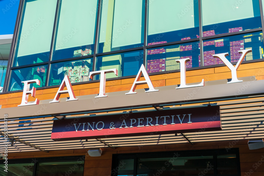 Eataly sign, logo on Italian food and beverage marketplace store facade ...