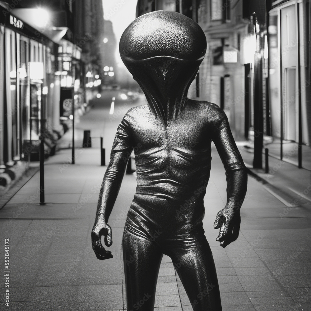 An alien with a big head and a human body in a night city. Black and ...