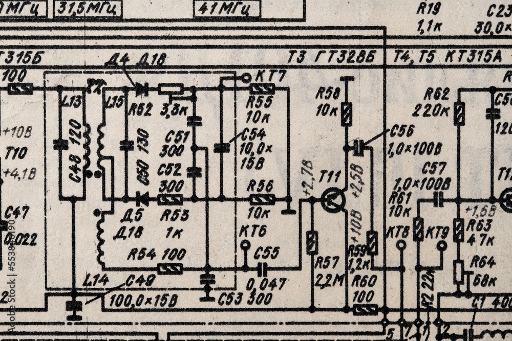 Old radio circuit printed on vintage paper electricity diagram as ...
