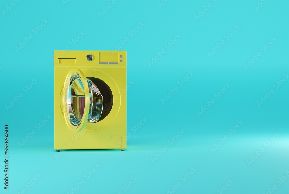 Washing machine on a blue pastel background. Concept of doing laundry ...
