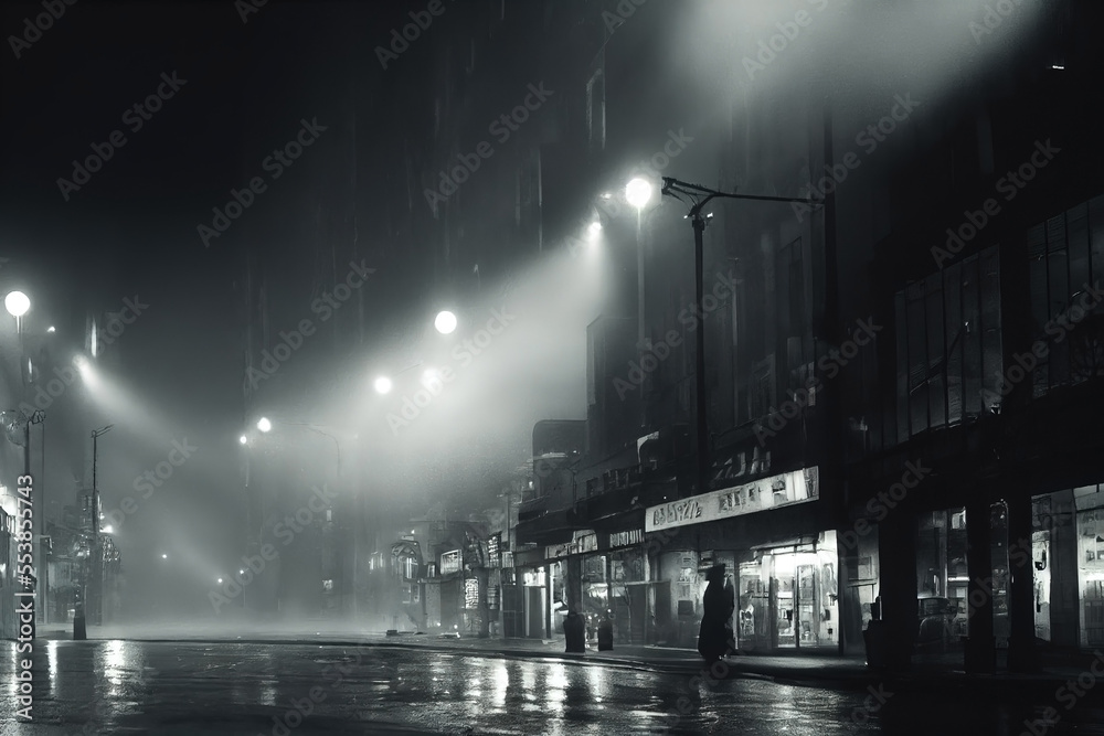Noir city street with tall buildings and street view. Misty cold sin ...