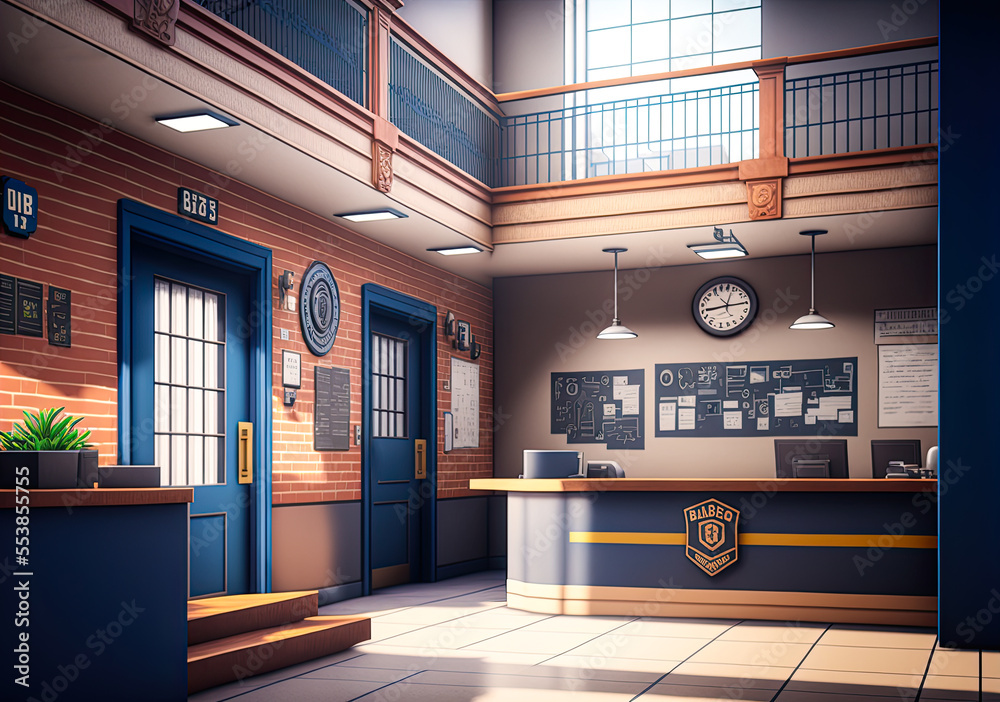 Modern police station, wood, blue and yellow, architectural concept ... Modern police station, wood, blue and yellow, architectural concept ...