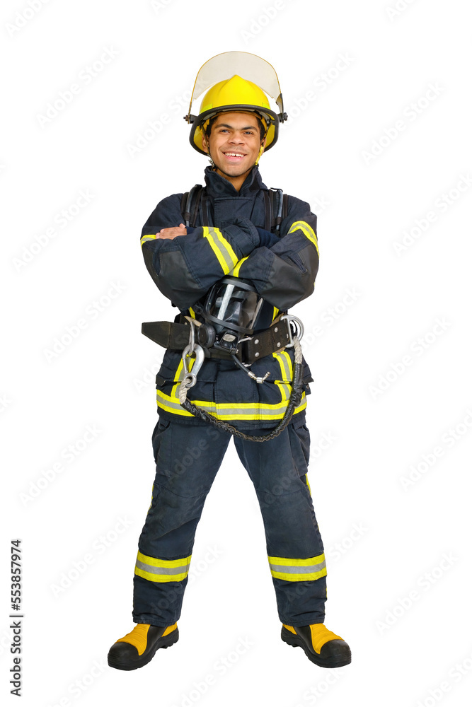 Full body young smiling African American fireman with crossed arms ...