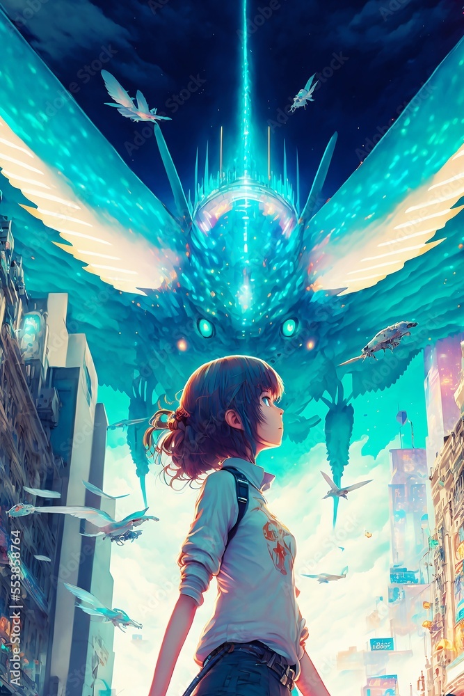 Young anime girl standing in futuristic city with alien birds Stock ...
