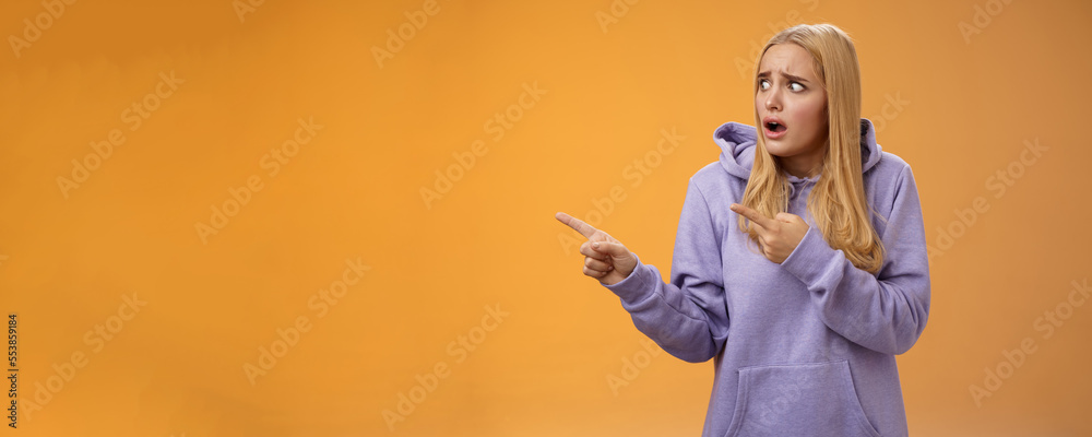 Concerned freak-out panicking funny blond girl gasping pop eyes drop ...