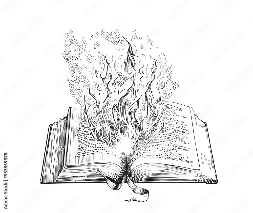 Burning open vintage book hand drawn sketch Vector illustration Stock ...
