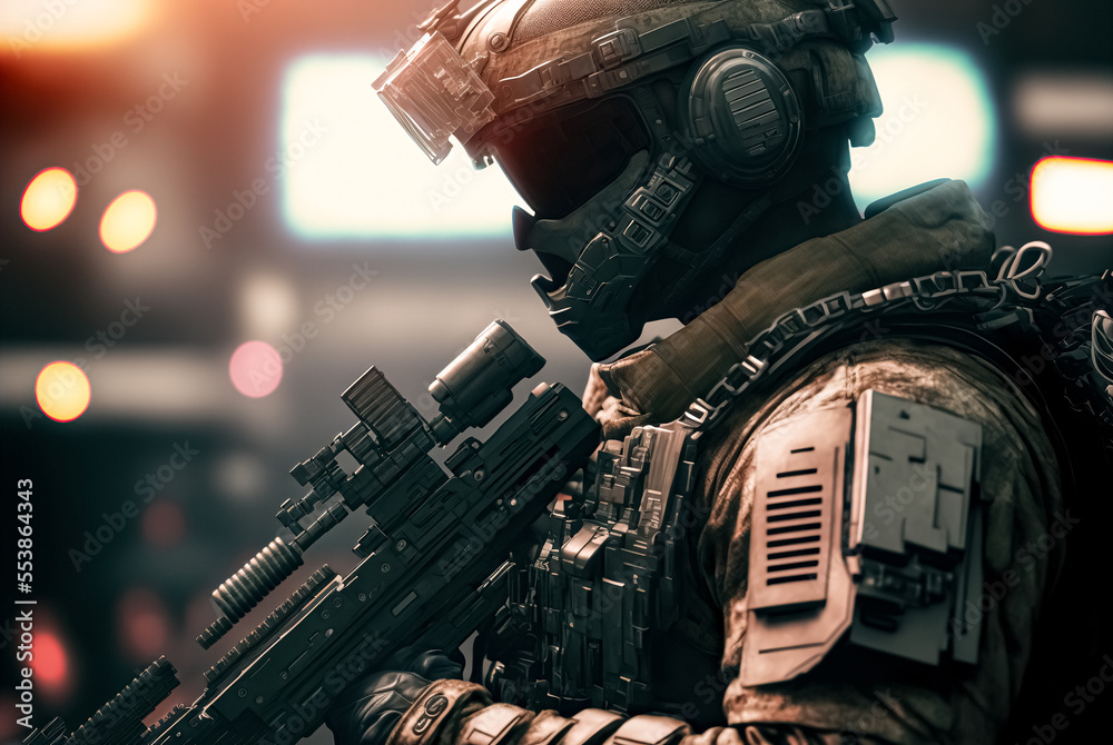 Realistic digital illustration of elite special forces soldier equipped ...