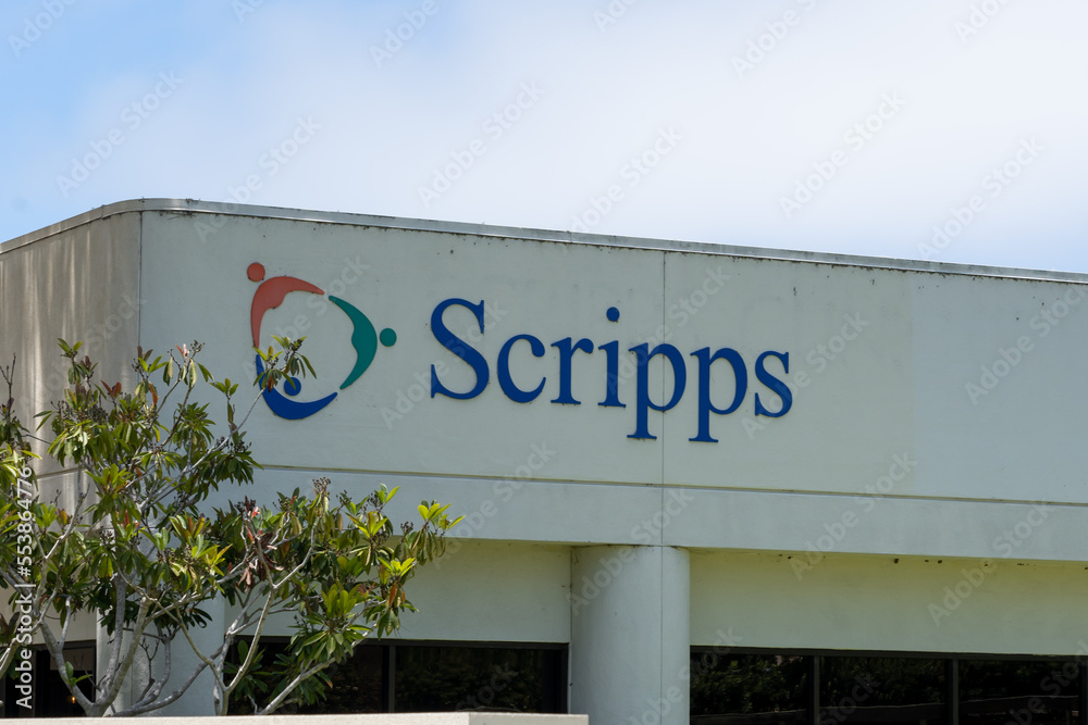 San Diego, CA, USA - July 9, 2022: Close up of Scripps sign on the ...