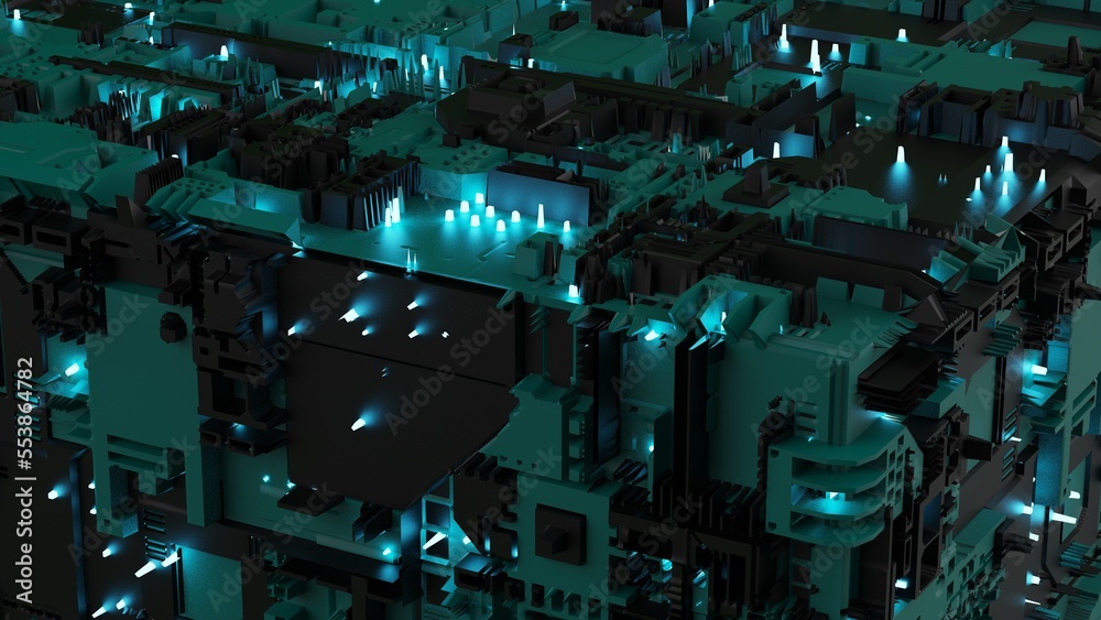 Black-dark green futuristic circuit technology with green LED point ...