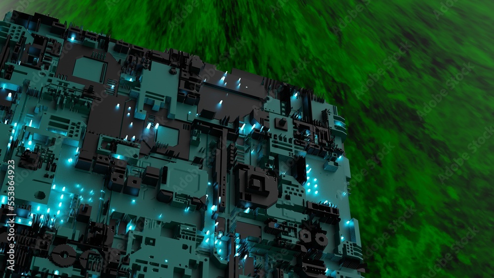 Black-dark green futuristic circuit technology with green LED point ...