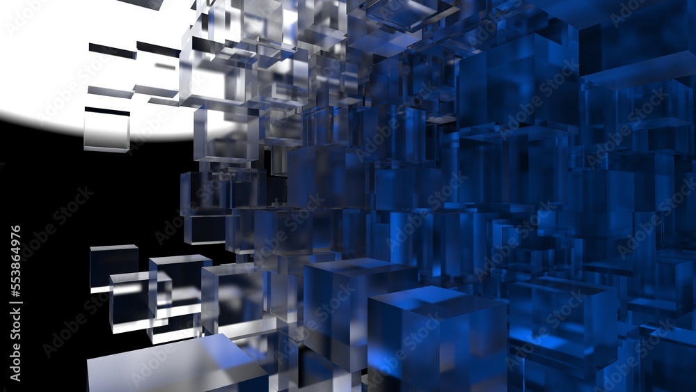 A set of many clear glass cubes that are collapsing under blue-black lighting background ...