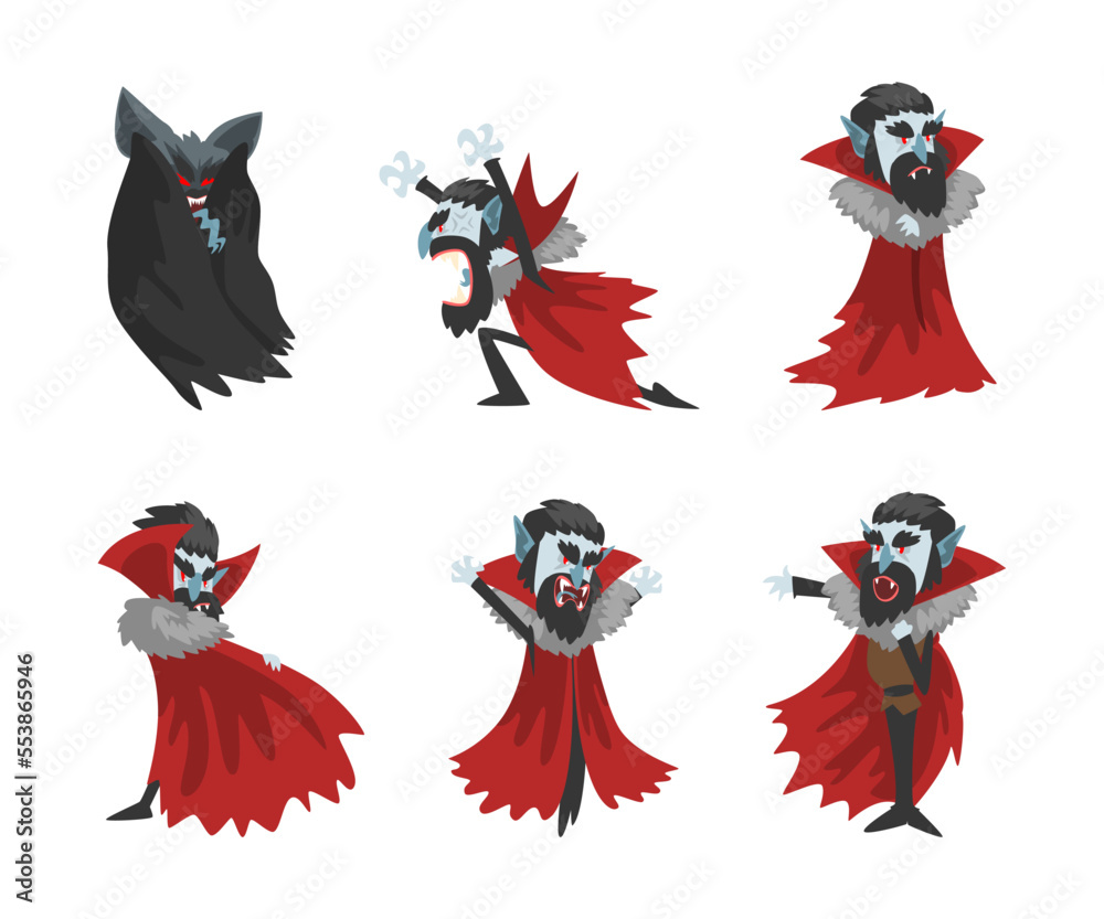 Count Dracula as Scary Vampire Character Wearing Red Cape Vector Set ...