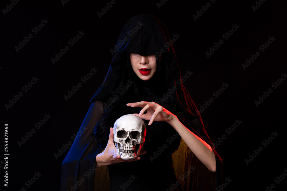 Old Witch costume woman craft spell horror magic on Horror night with ...