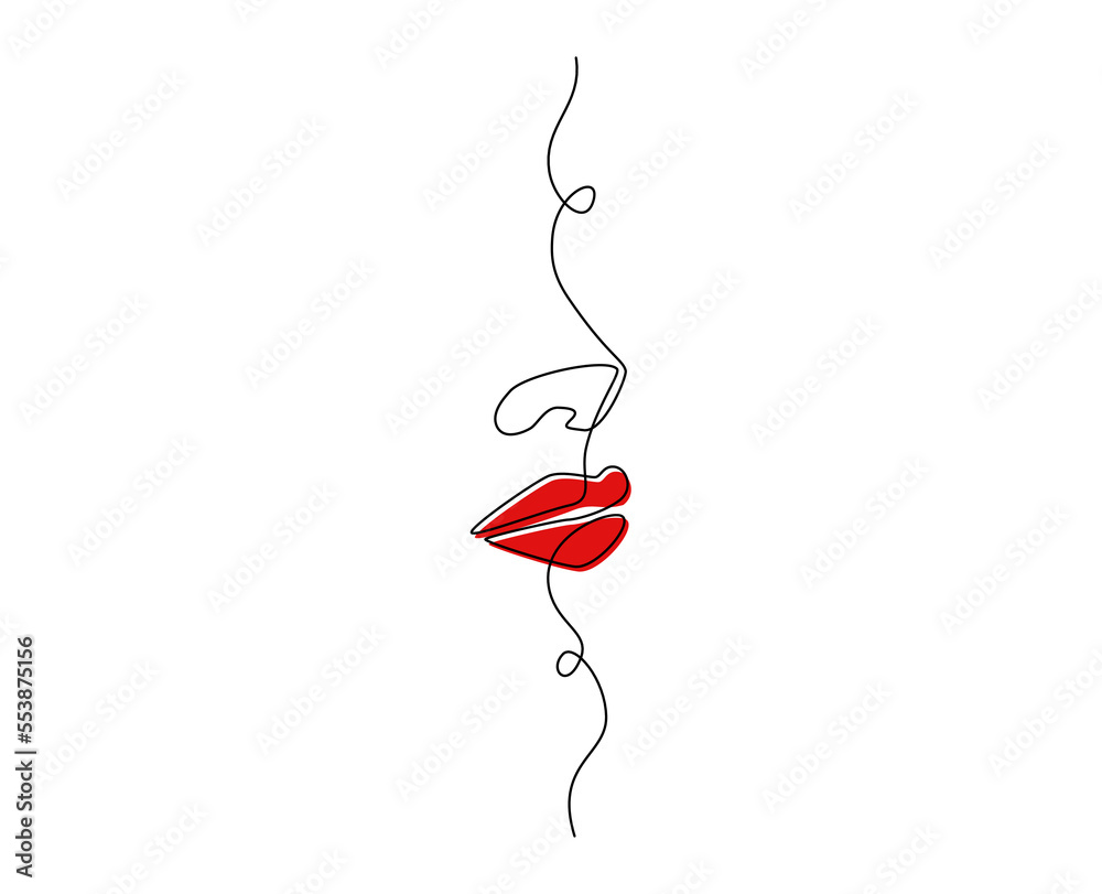 One continuous line drawing of lips with red lipstick. Abstract face ...