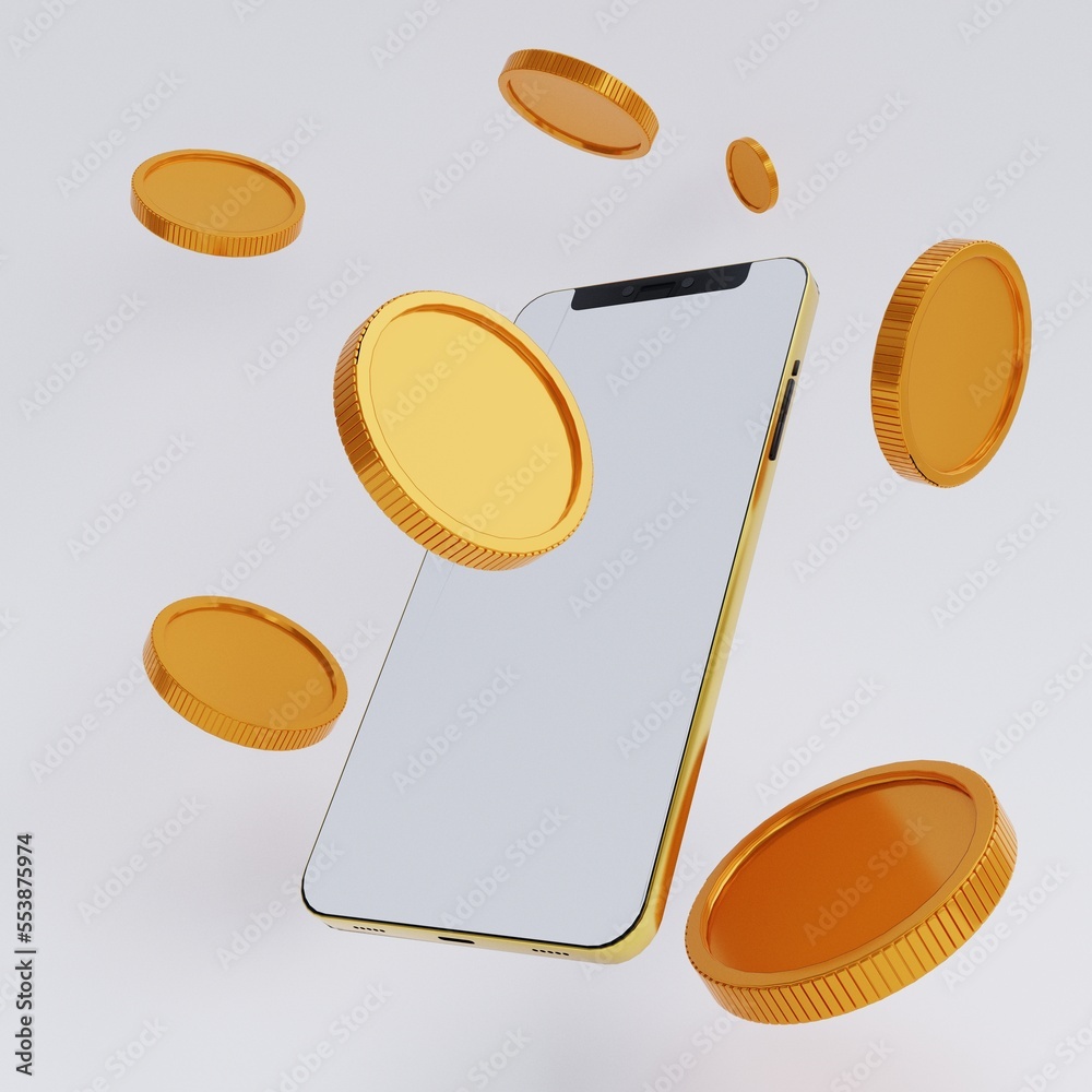 Smartphone blank display with gold coins on a Isolate white background ...