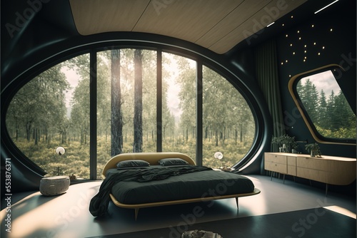 View from the window of an futuristic room looking out into the forest ...
