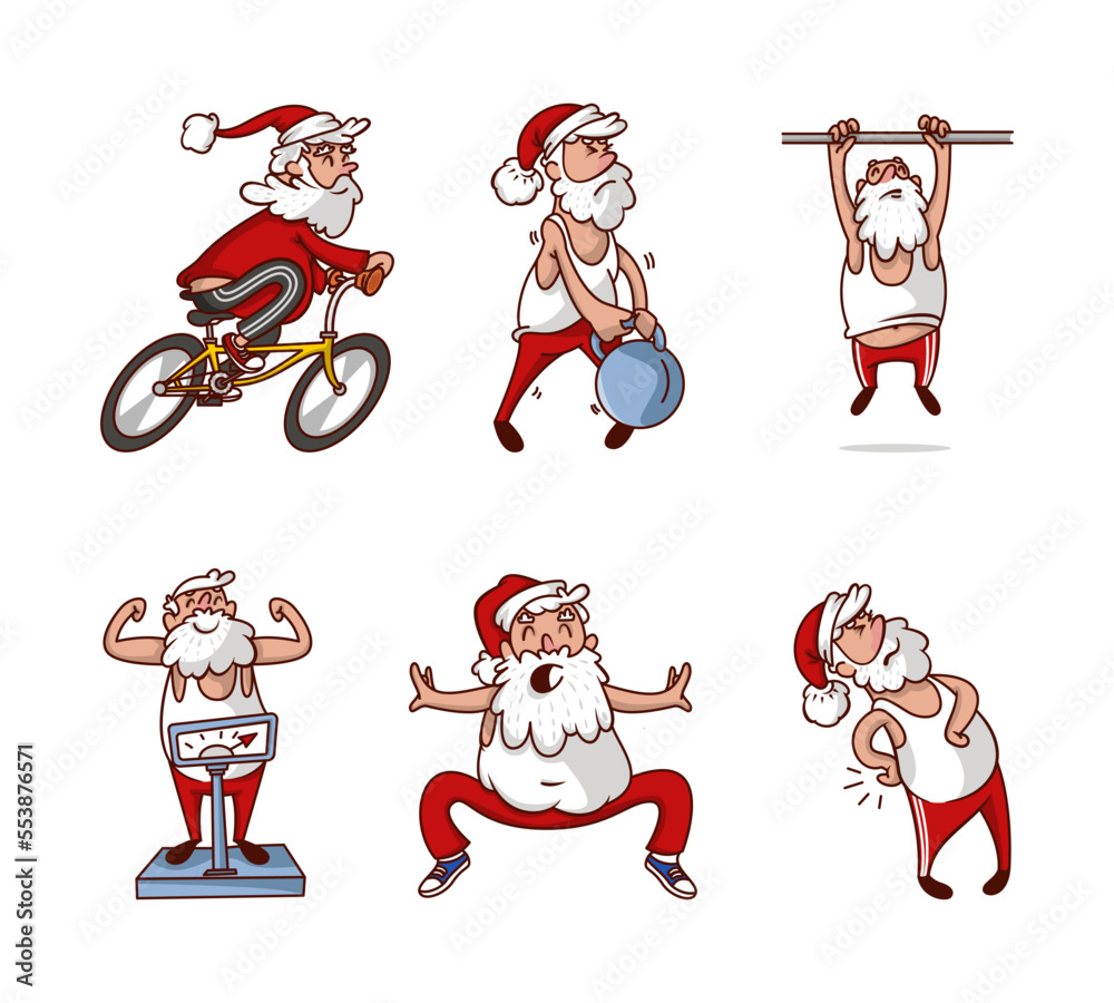Santa Claus in Red Pants and Tank Top Doing Sport Vector Set Stock ...