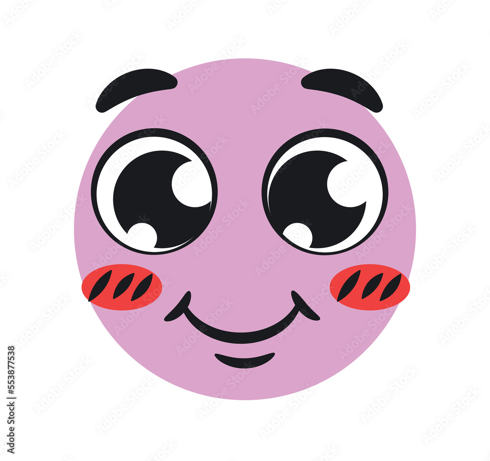 Funny happy emoticon. Purple character smiles and blushes, embarrassed ...