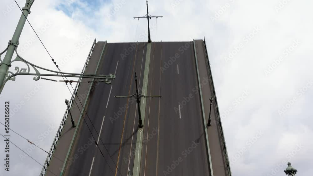 Camera moves along raised span of bascule Trinity bridge across the ...
