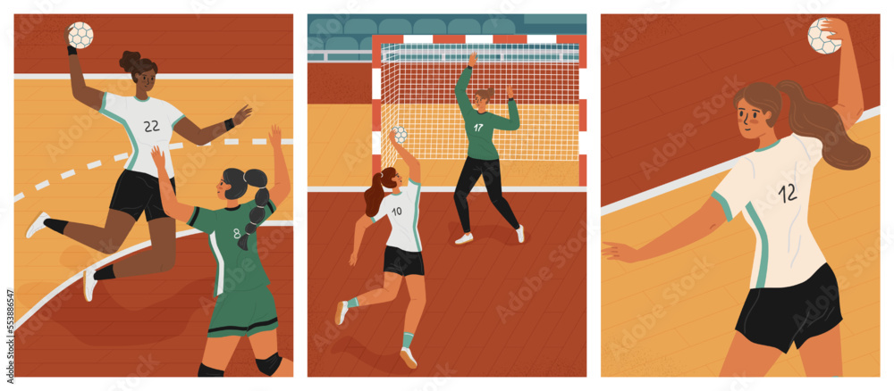 Women's handball game vector posters set. Female handball players on a ...