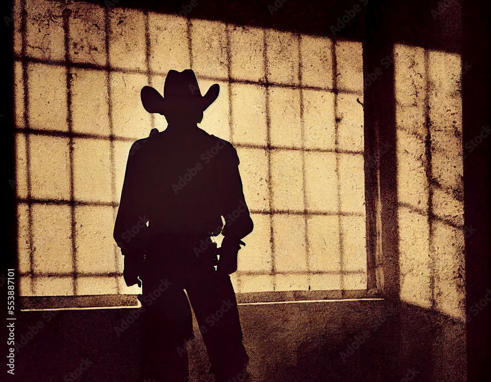 Rustic cowboy silhouette in window vintage Wild West design created ...